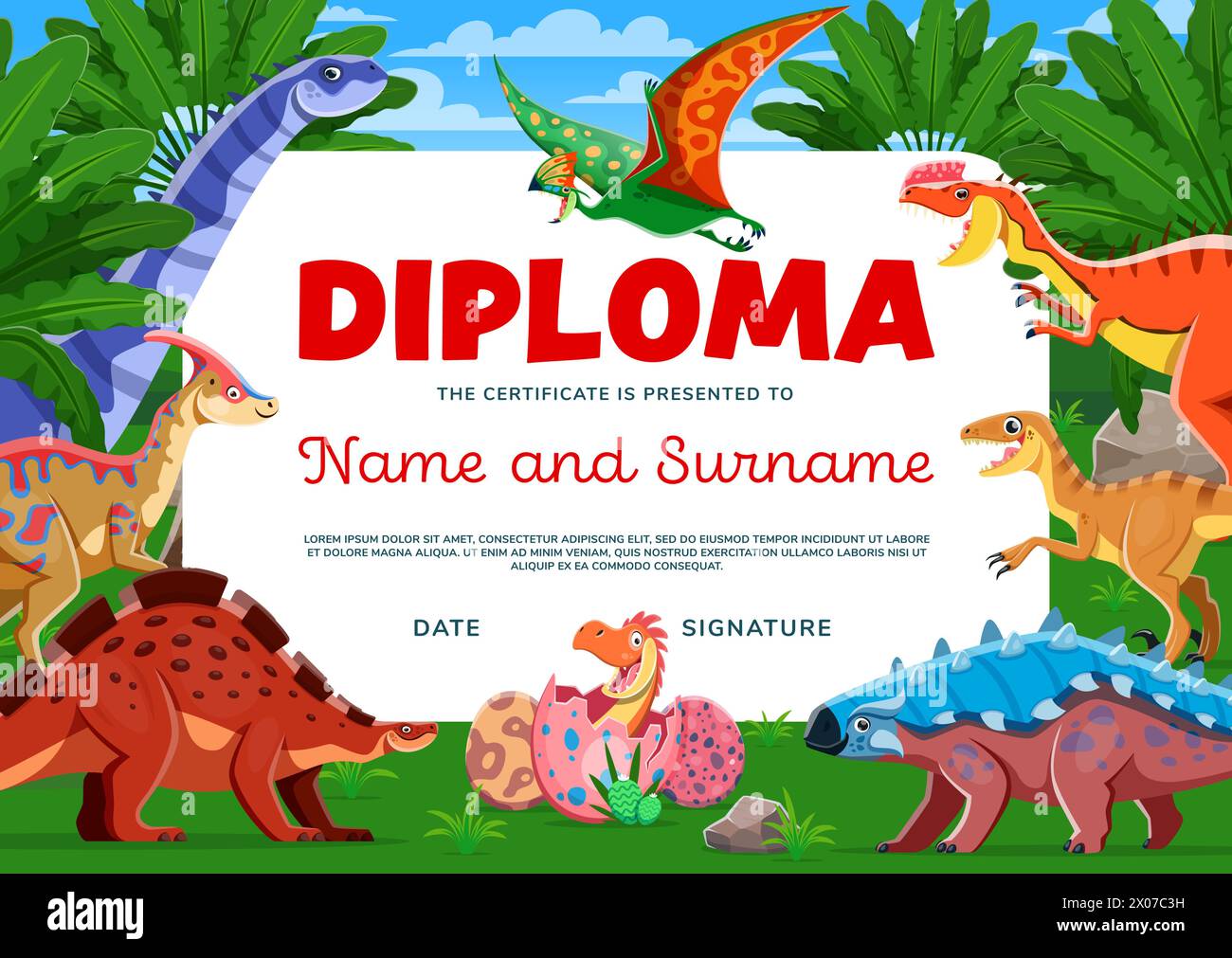 Cartoon funny dinosaur reptiles and dino kid. Kids diploma with funny ...