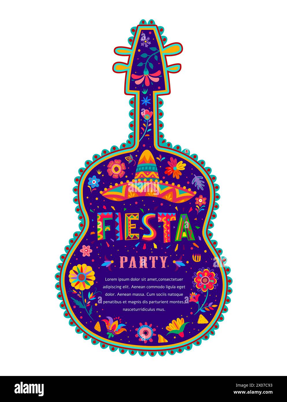Mexican fiesta party flyer with guitar. Vector colorful holiday ...