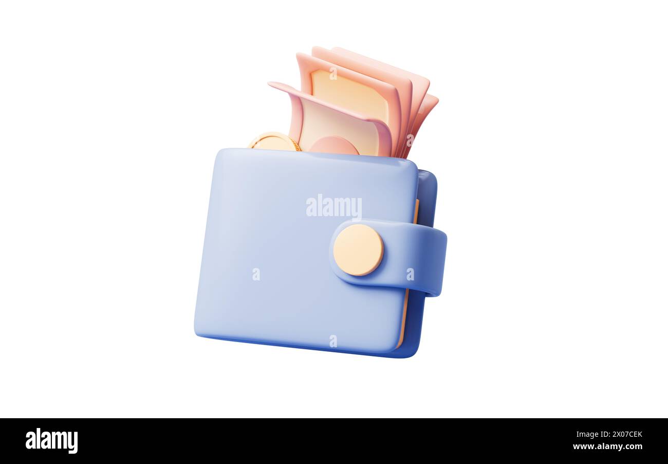Blue cartoon leather wallet with money inside, 3d rendering. 3D ...