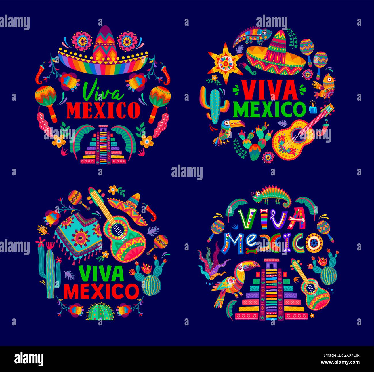Viva Mexico round emblems with traditional Mexican items. Vector labels ...