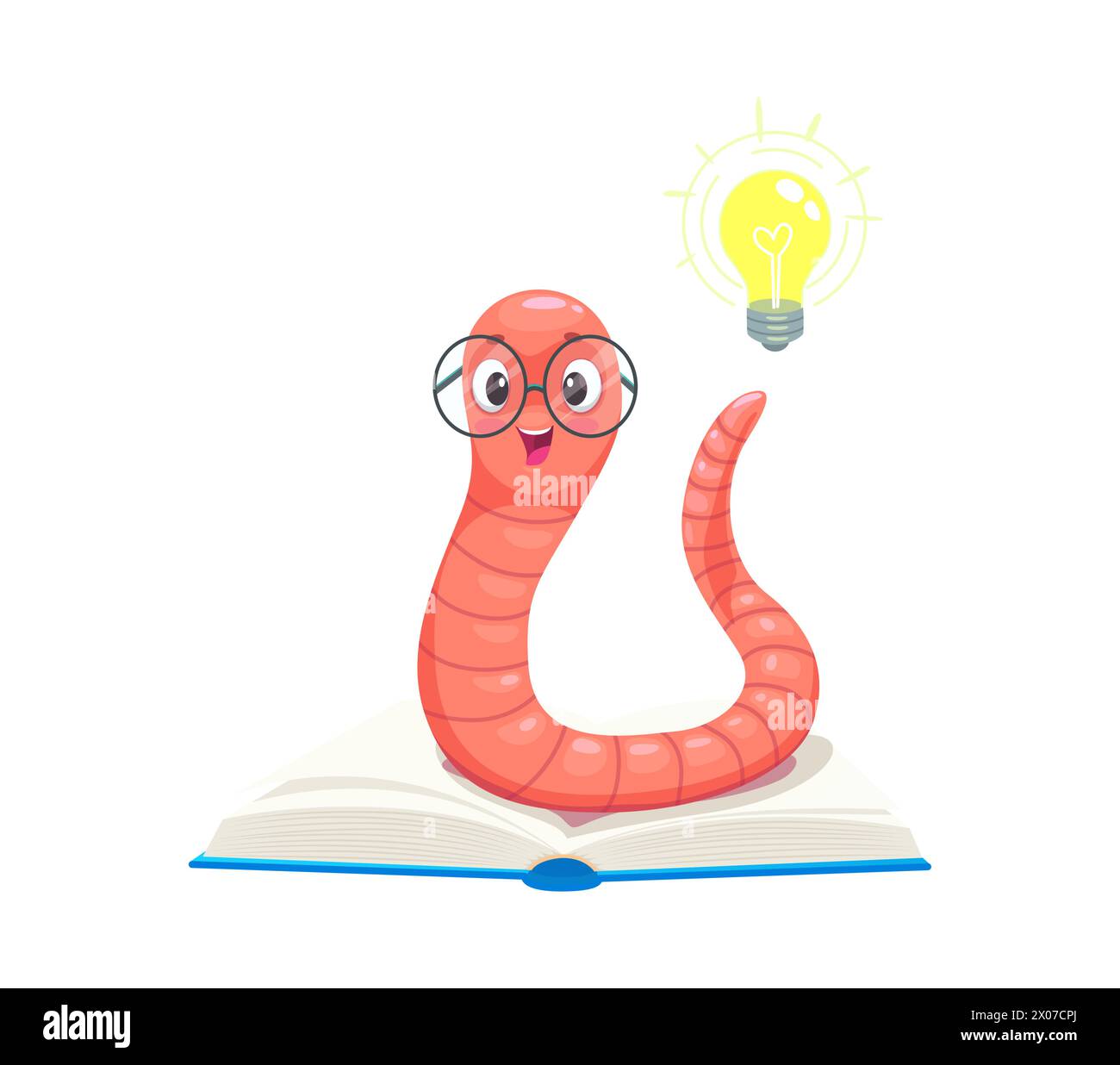 Cartoon cute bookworm character with idea light bulb on book, vector ...