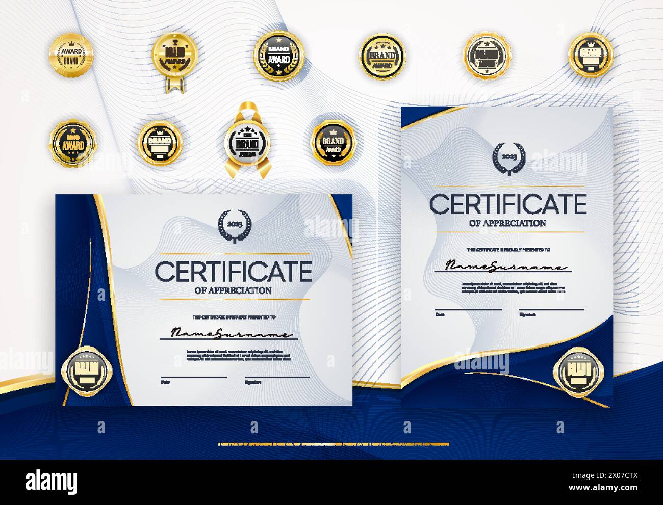 Certificate diploma award template with golden seals and blue lines ...
