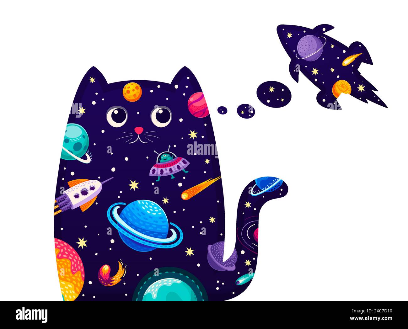 Cat dreaming about space rocket. Isolated cute vector celestial feline ...