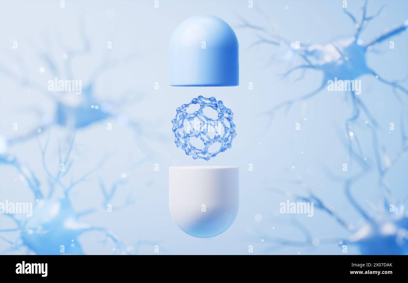 Medical capsule and biology nerve cell background, 3d rendering. 3D ...