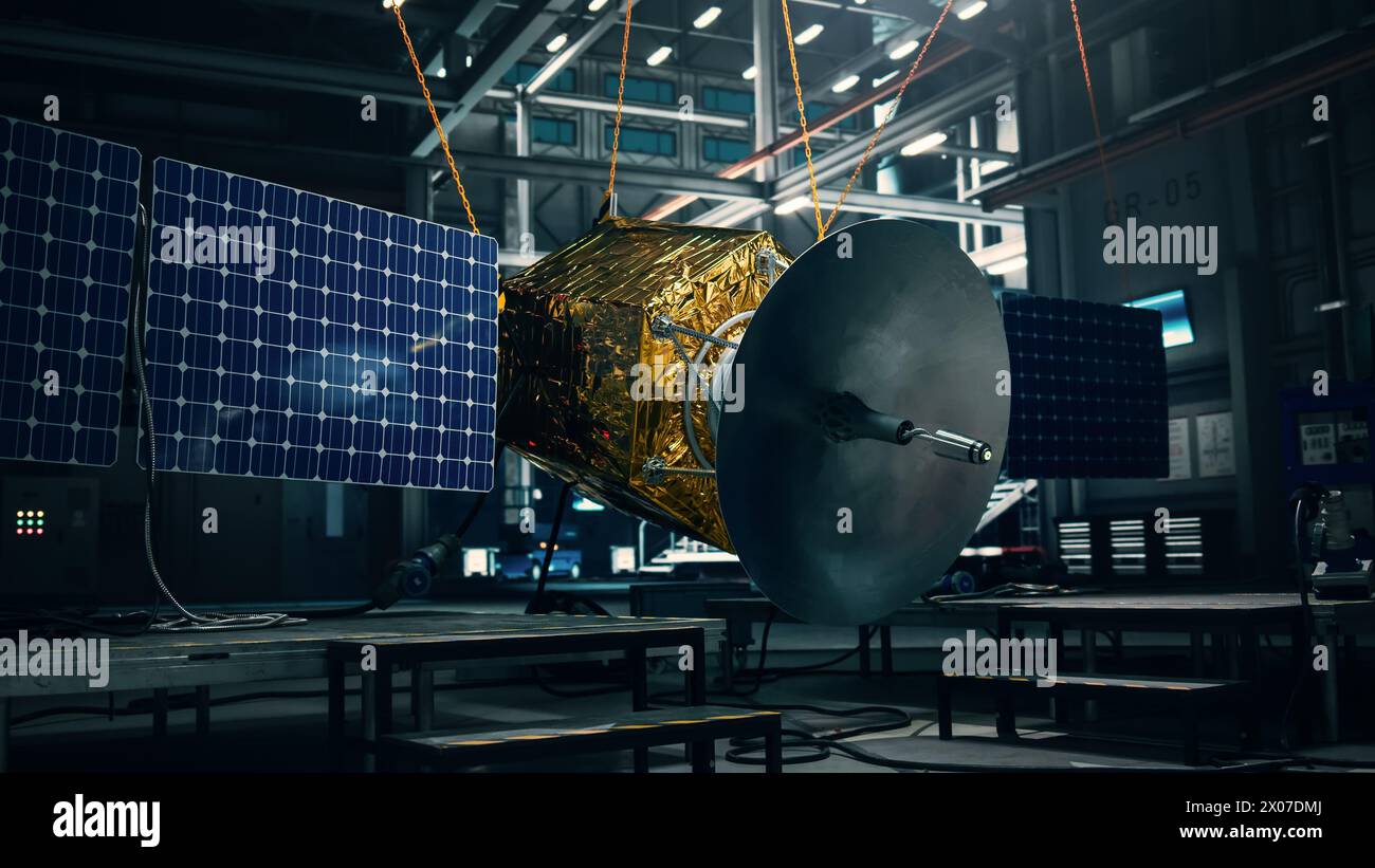 Satellite Under Construction in Dark Aerospace Technology Manufacturing ...