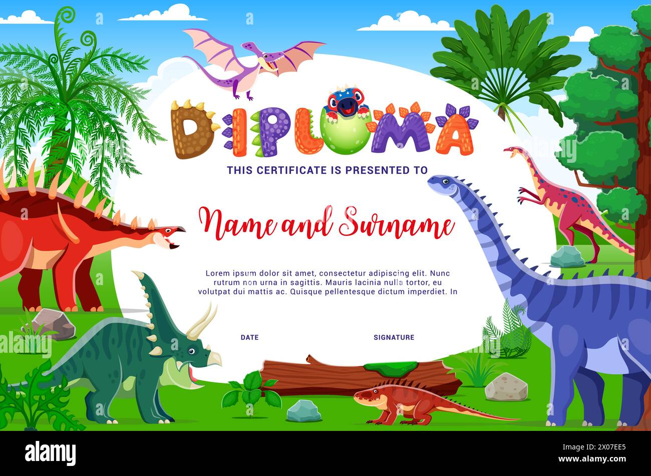 Cartoon kids diploma with dinosaur and dino kid characters, vector ...