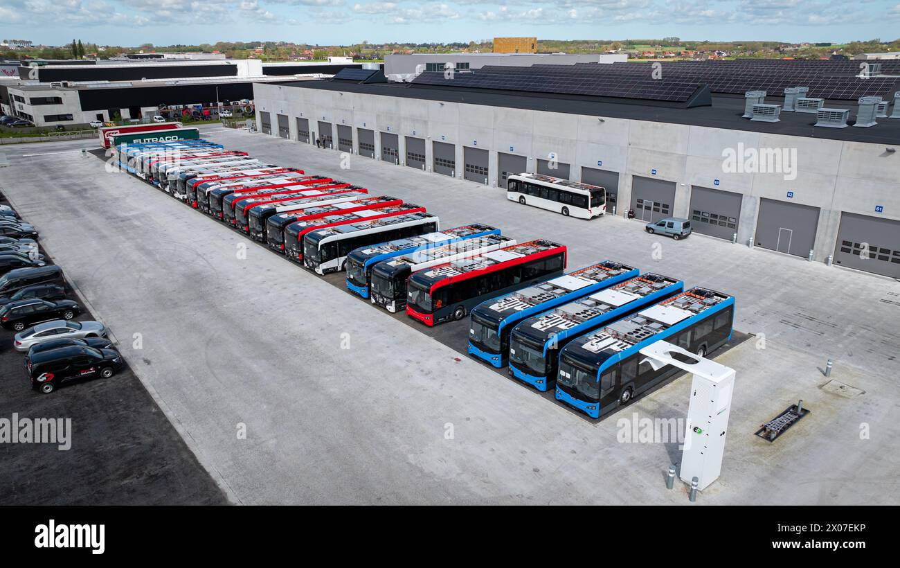 Roeselare, Belgium. 10th Apr, 2024. This aerial drone image shows the new production site of VDL ...