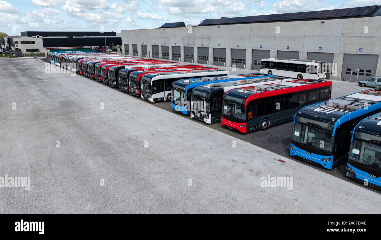 Roeselare, Belgium. 10th Apr, 2024. This aerial drone image shows the new production site of VDL ...