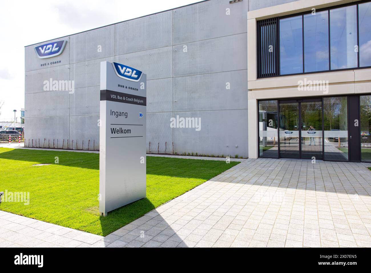 Roeselare, Belgium. 10th Apr, 2024. A logo pictured at the new production site of VDL bus ...