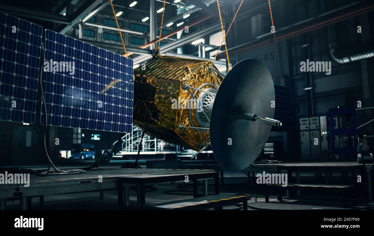 Satellite Under Construction in Dark Aerospace Technology Manufacturing ...