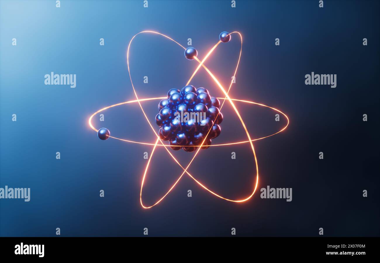 Physics atom with dark blue background, 3d rendering. 3D illustration ...
