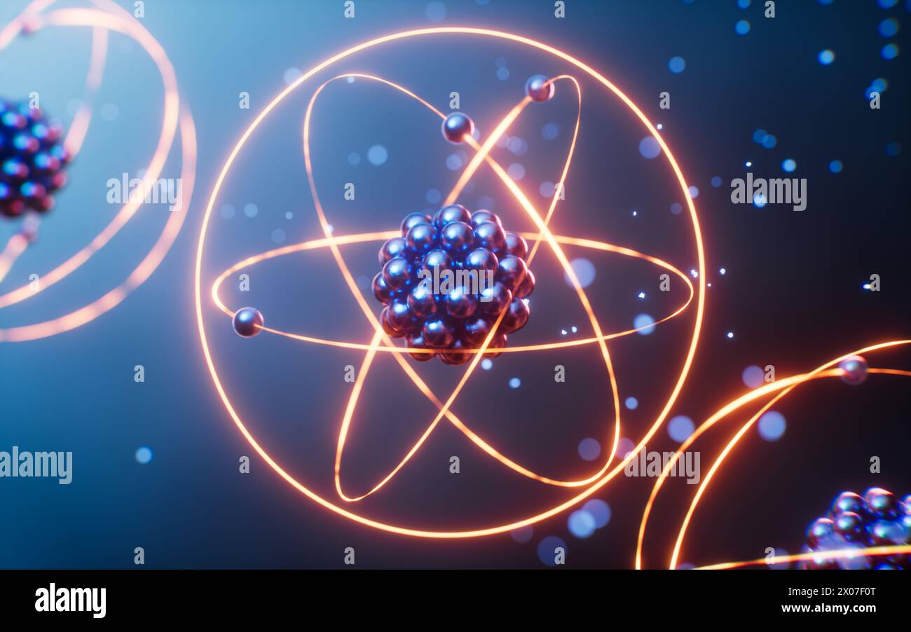Physics atom with dark blue background, 3d rendering. 3D illustration ...