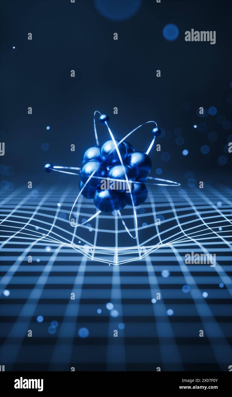 Physics atom with dark blue background, 3d rendering. 3D illustration ...