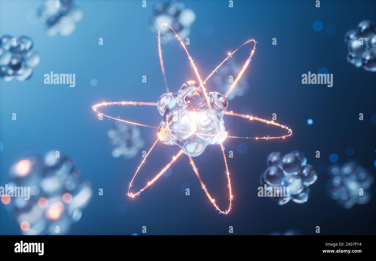 Physics atom with dark blue background, 3d rendering. 3D illustration ...