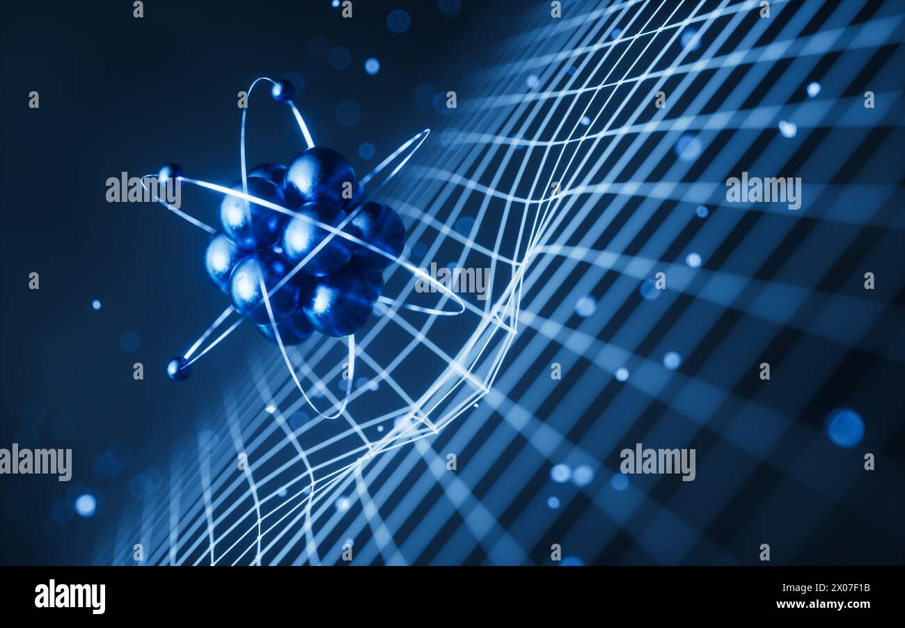 Physics atom with dark blue background, 3d rendering. 3D illustration ...