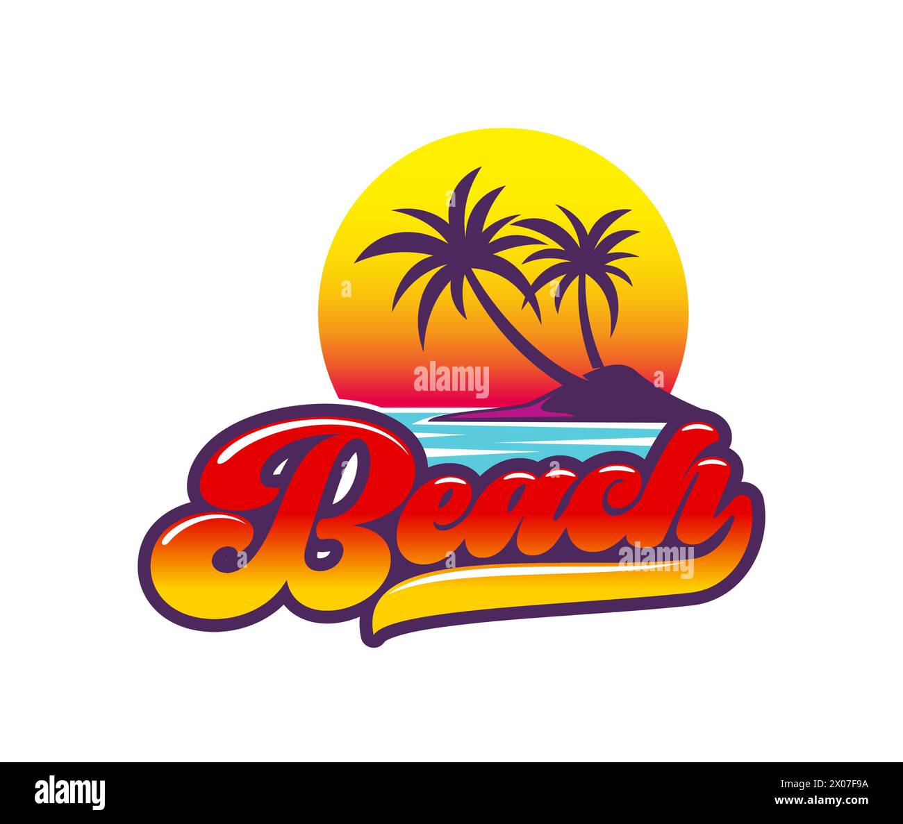 Summer tropical beach icon with palm trees and island on sunrise ...