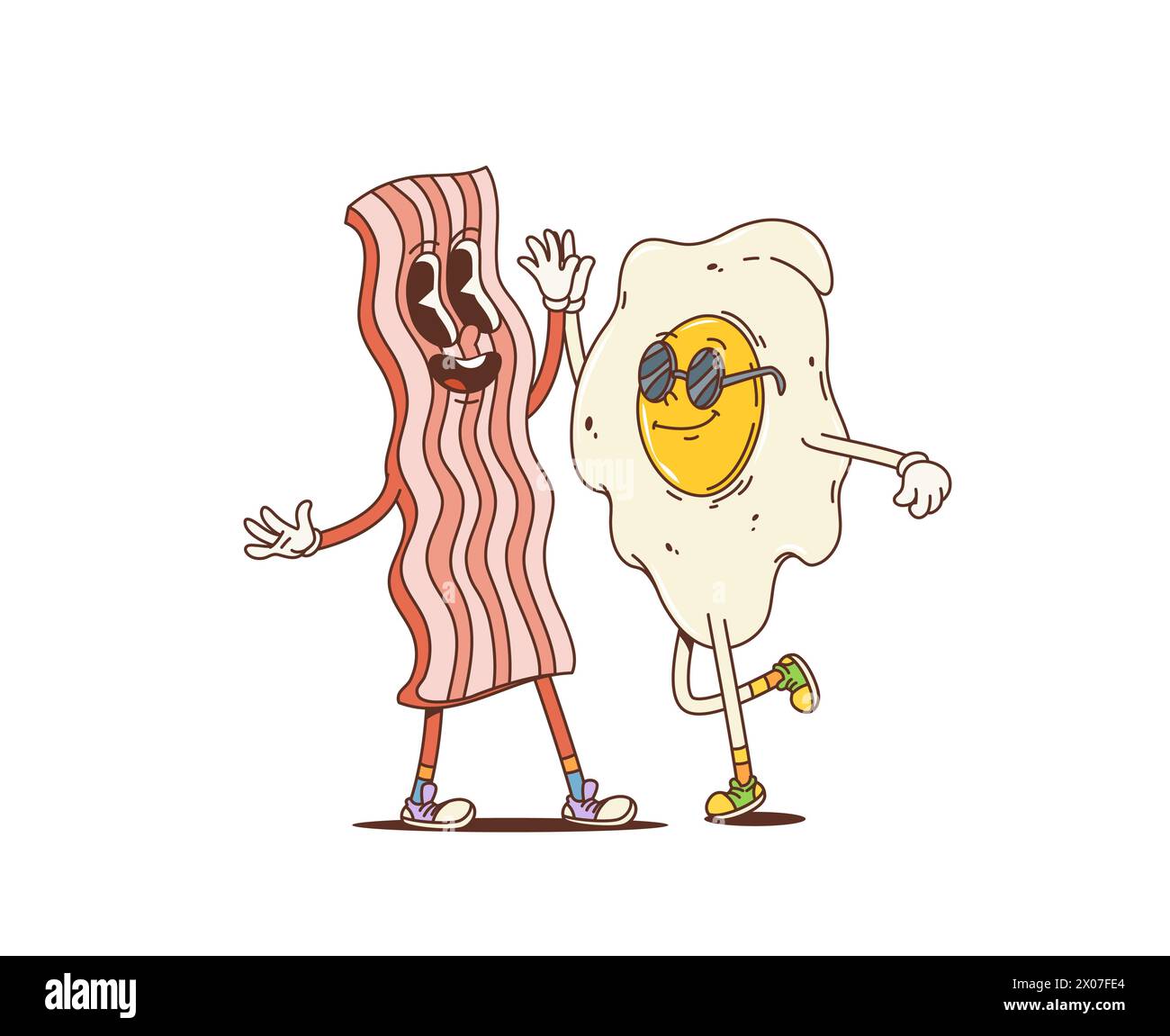 Cartoon retro bacon and egg groovy characters. Cute and funny vector ...