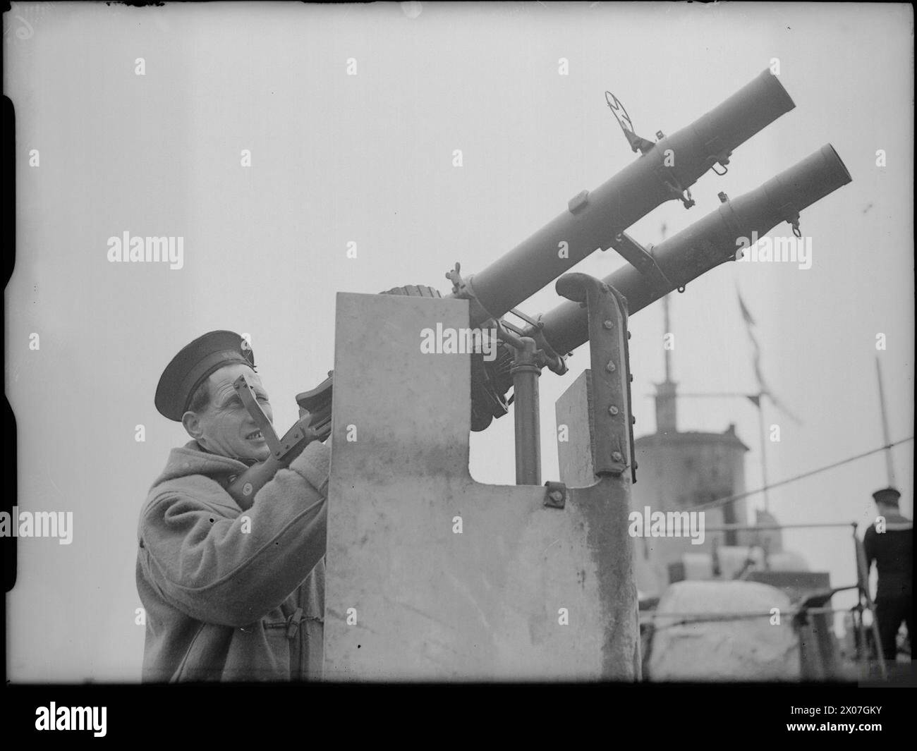 Twin-mounted Lewis Guns on HMS Clematis, a corvette, are tested as anti ...