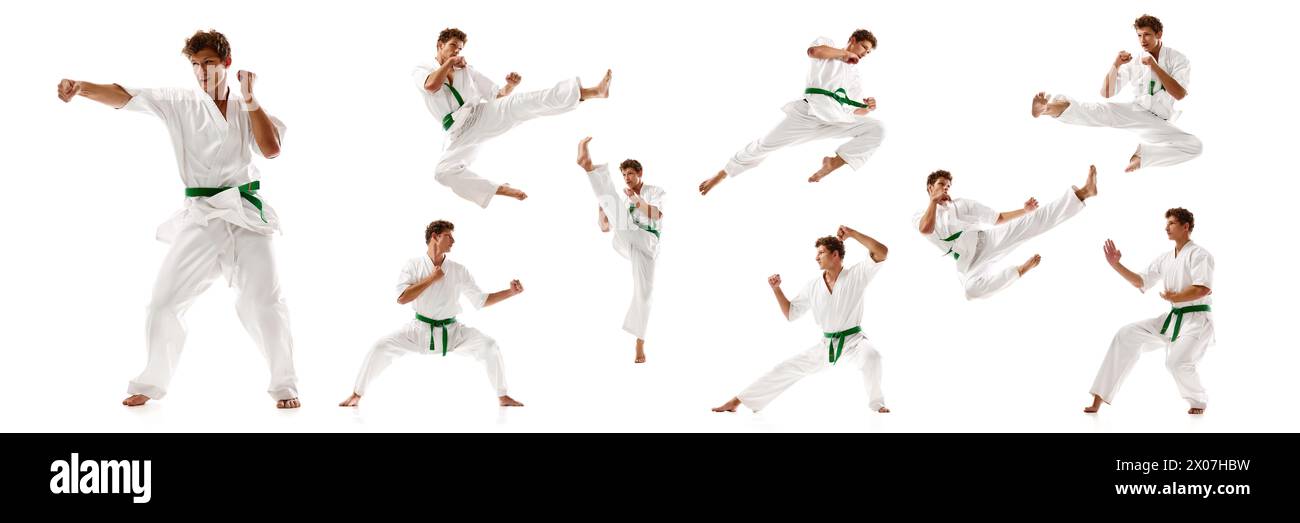 Collage. Young man in kimono with green bell practicing karate isolated ...