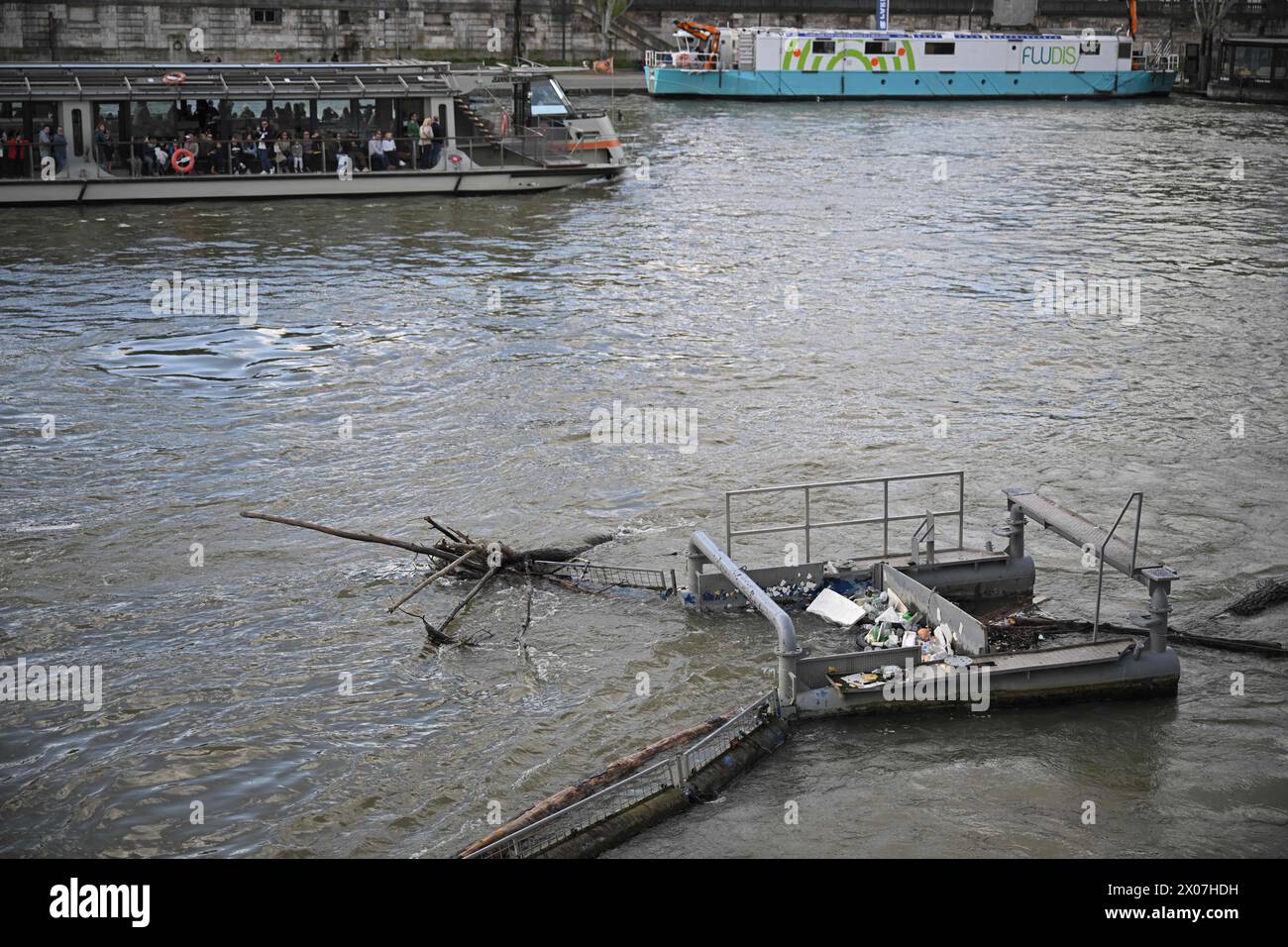 Paris, France, April 10, 2024. A view of garbage in the Seine River as ...
