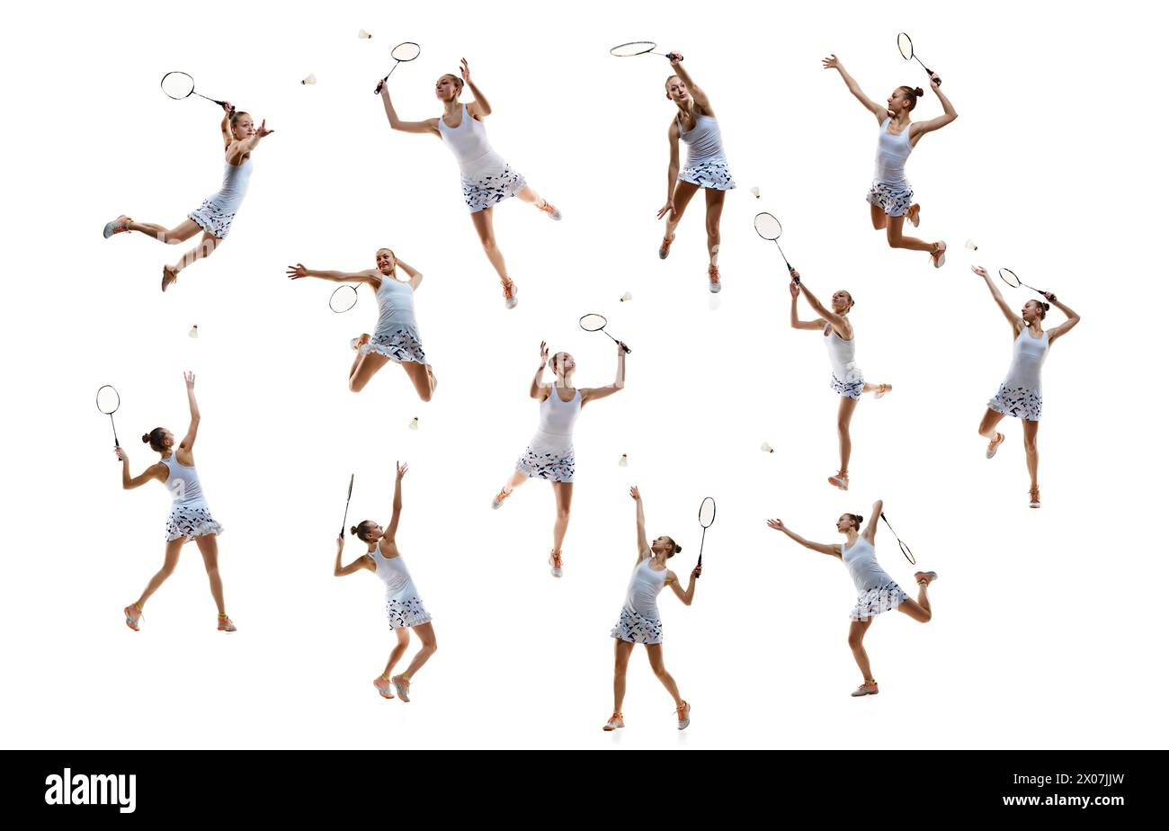 Collage. Young woman, badminton playing in motion with racket and ...
