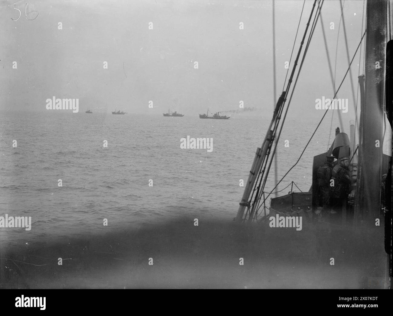 British minesweeping trawlers of the Dover Command are lined up at sea ...