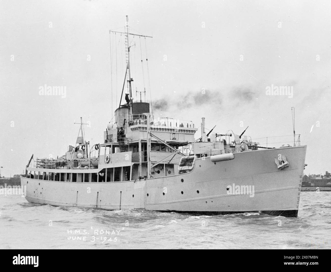 HMS Ronay, a British Isles-class trawler, operated at sea in June 1945 ...