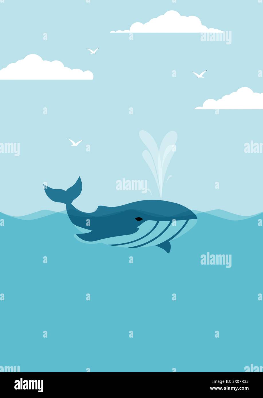 Whale in blue ocean childish illustration . Cute swimming blue whale ...