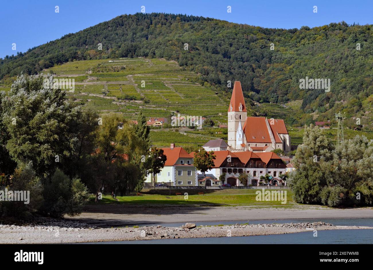 Terraced vineyards rise behind the landmark fortified church at ...