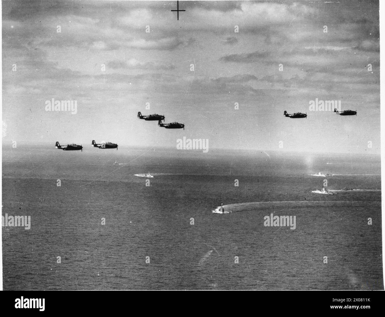 Six Grumman Avenger aircraft of the British Pacific Fleet flew over ...