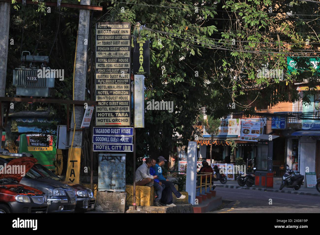 Pokhara, Nepal - November 20 2023: the road signs of guest house in ...