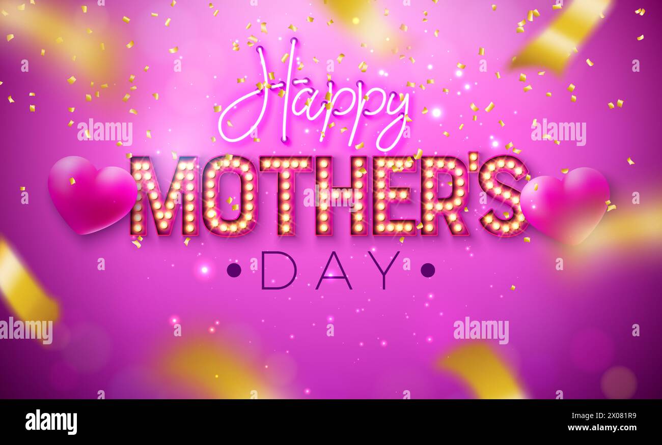 Happy Mother's Day Greeting Card Design with Heart, Glowing Neon Light ...