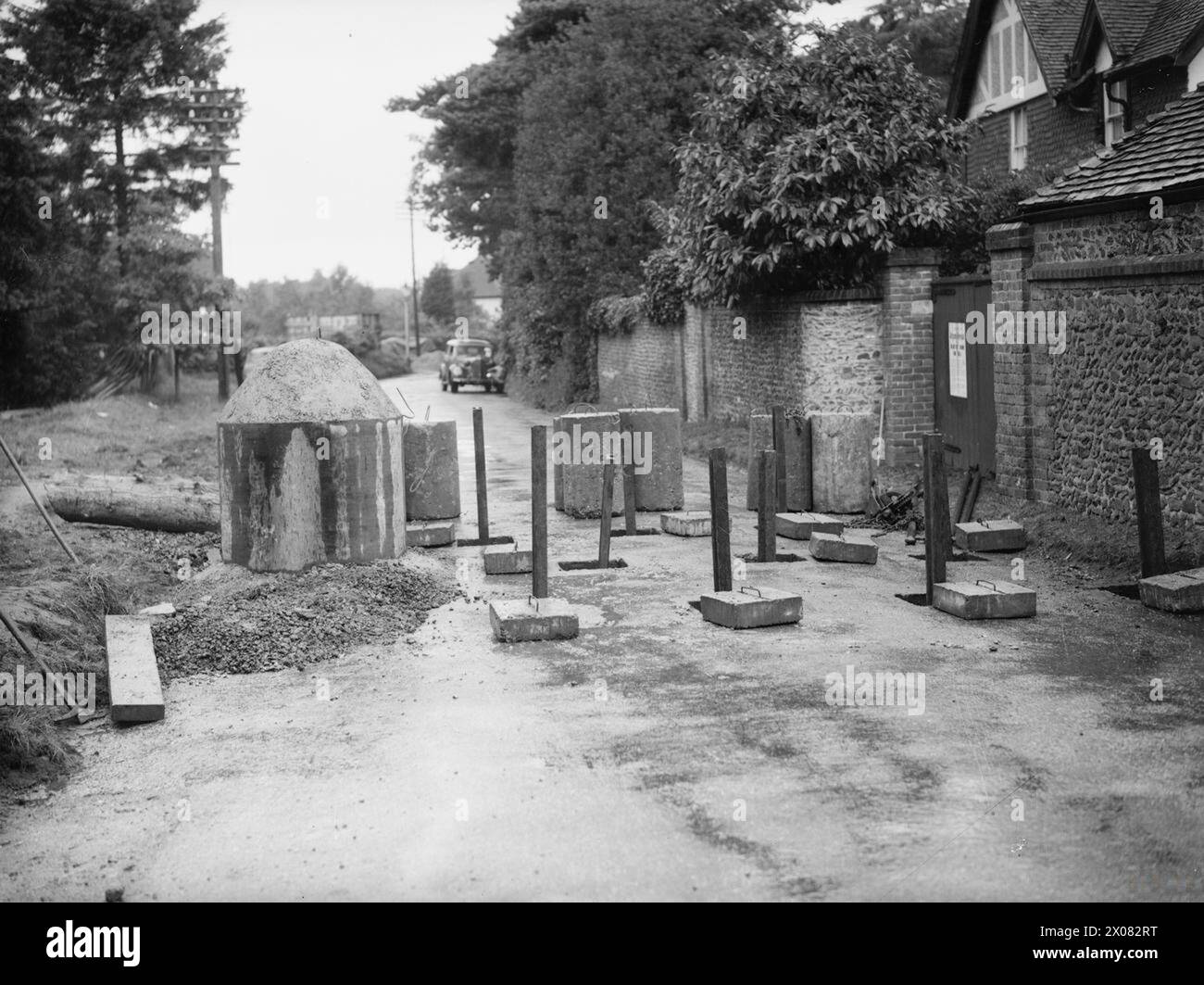 Tank traps are installed in a street in Farnham, Surrey, as part of ...