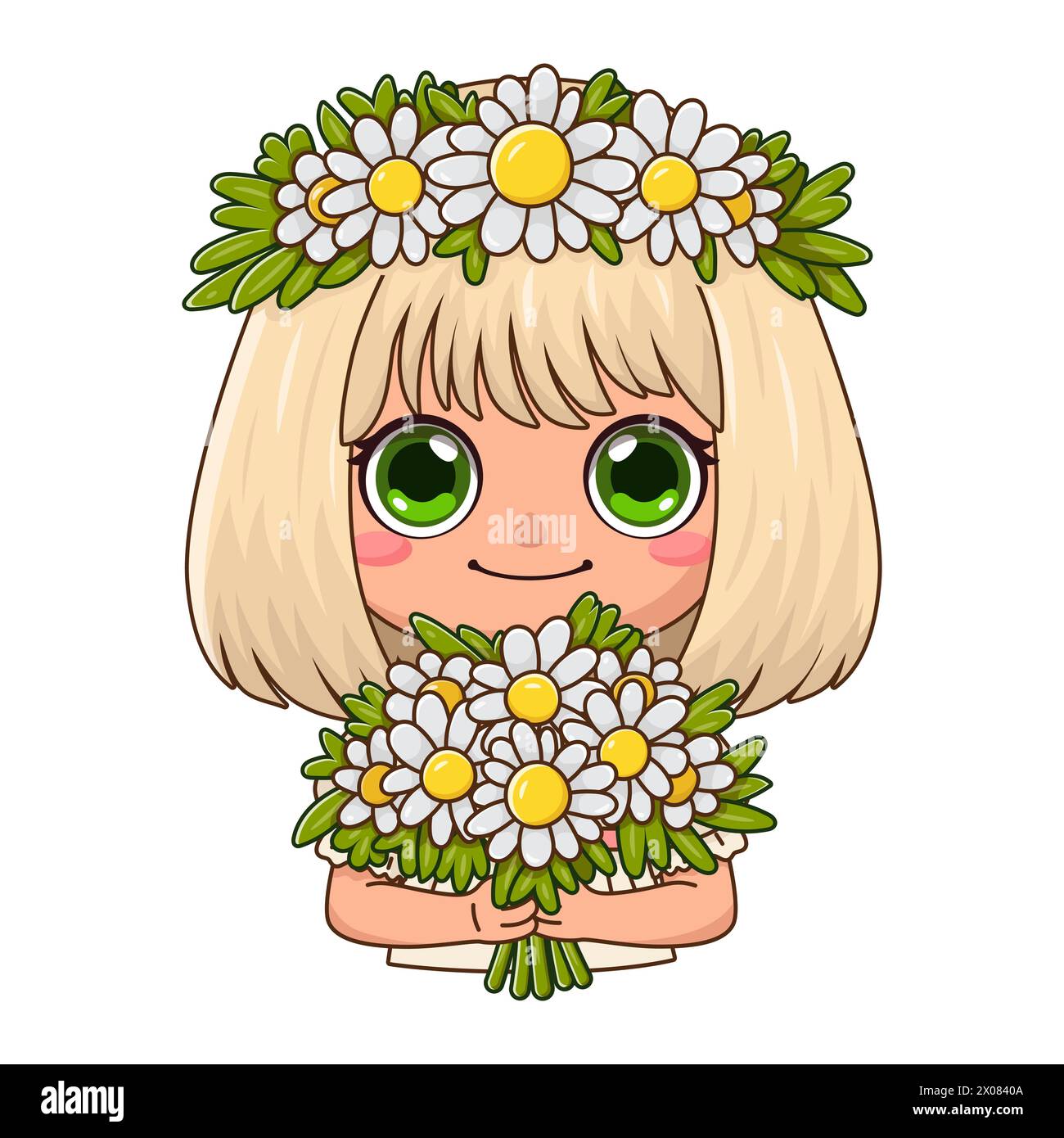 Sticker With A Cute Blonde Girl With A Wreath Of Daisies On Her Head And Holding A Bouquet Of