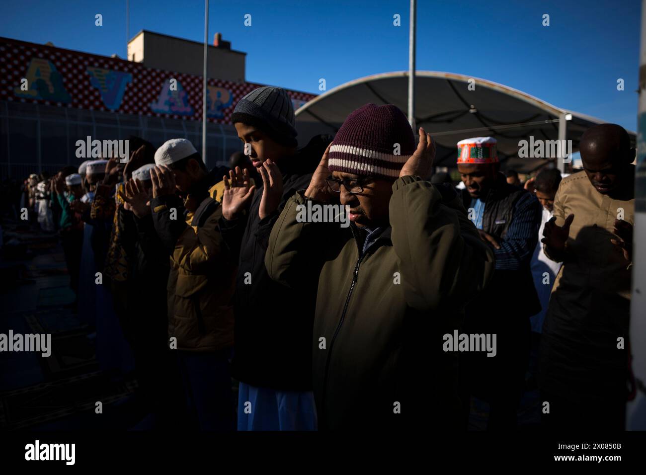 Madrid, Spain. 10th Apr, 2024. Muslims perform Eid al-Fitr prayers at ...