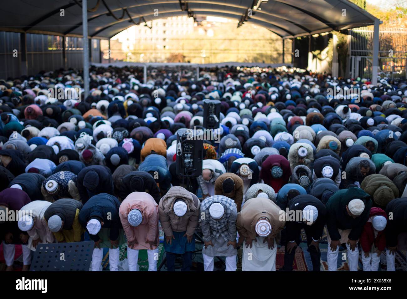 Madrid, Spain. 10th Apr, 2024. Muslims perform Eid al-Fitr prayers at ...