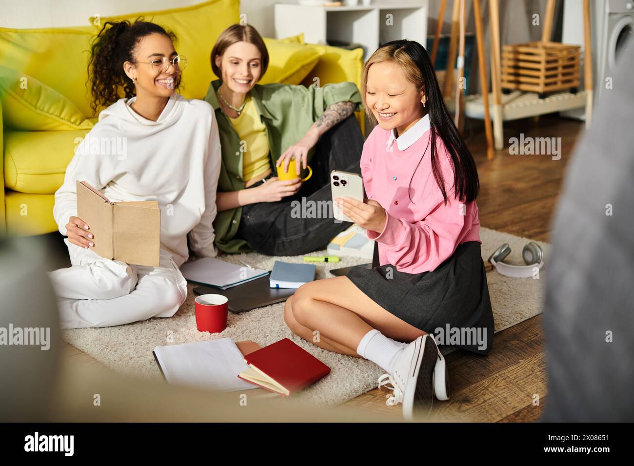 An intimate gathering of diverse young women engaged in a study session ...