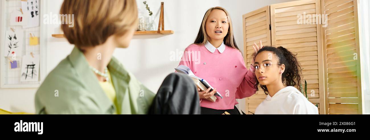 Diverse group of teenage girls engaged in a study session, supporting ...