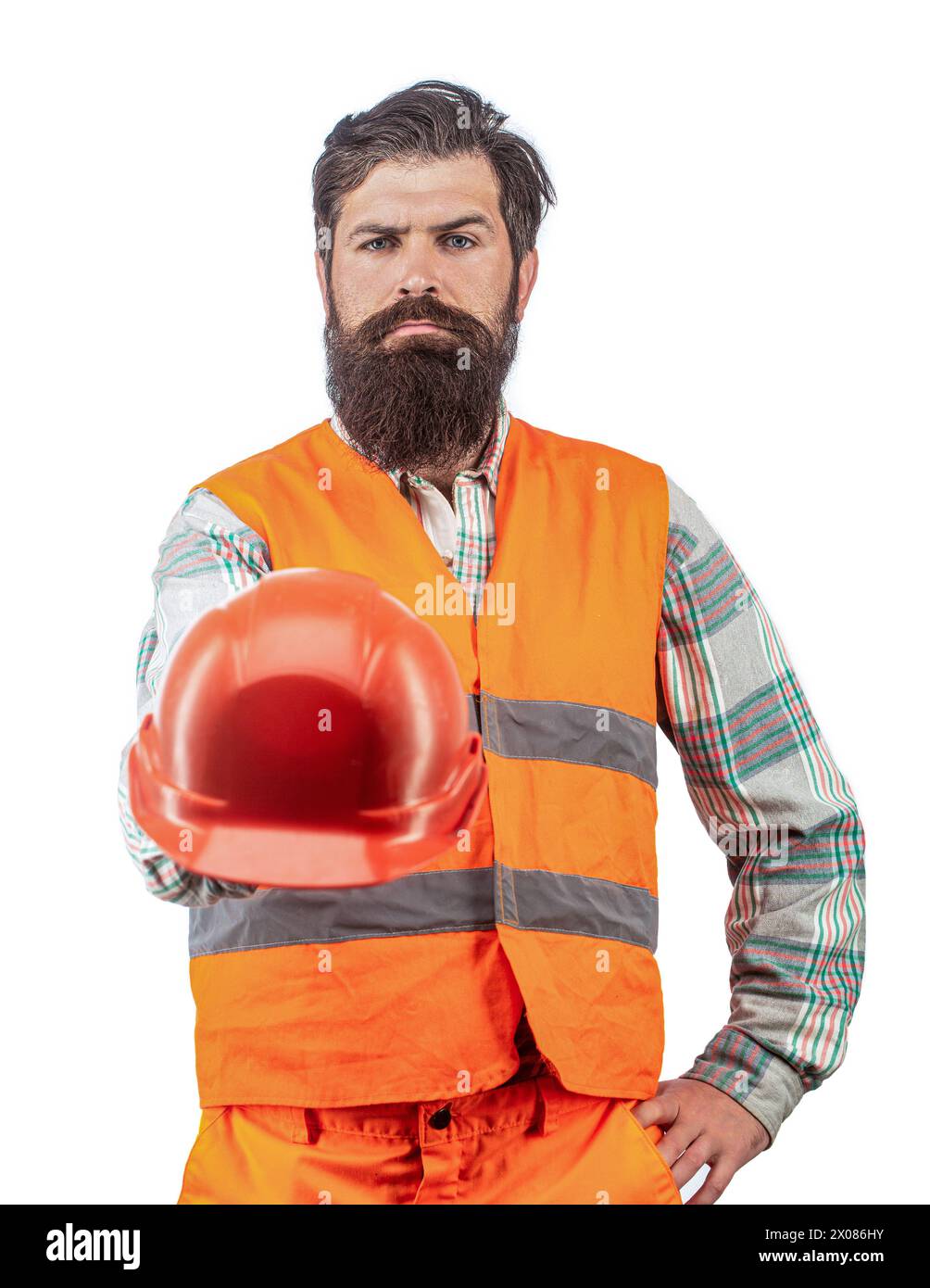 Bearded man wears helmet isolated on white background. Building ...