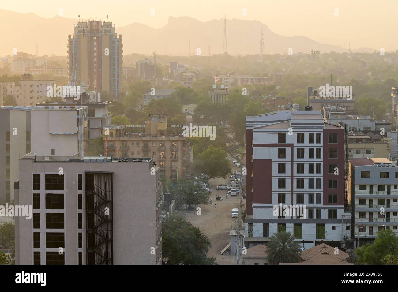 SOUTH-SUDAN, capital city Juba, aerial view from Hotel Pyramid at dawn ...