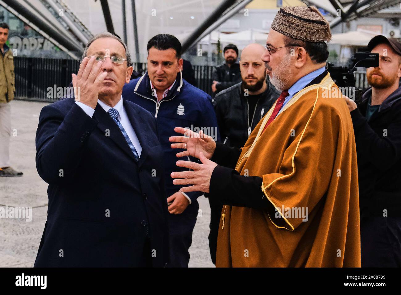 Napoli, Italy. 10th Apr, 2024. Imam Amar Abdallah and Prefect of Naples Michele Di Bari during ...