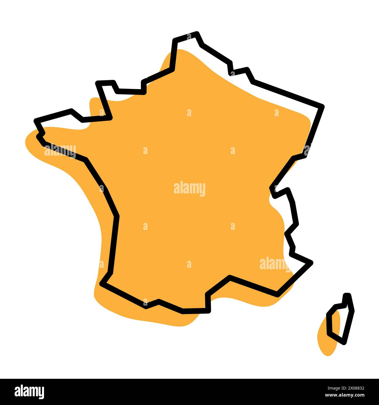 France country simplified map. Orange silhouette with thick black sharp ...