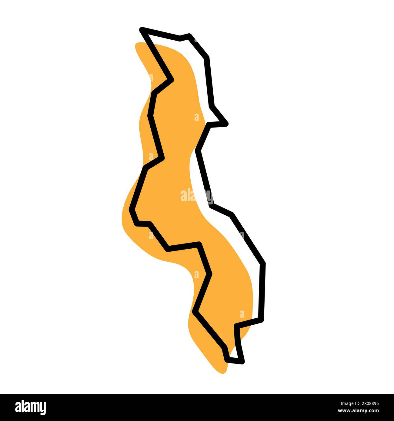 Malawi country simplified map. Orange silhouette with thick black sharp ...