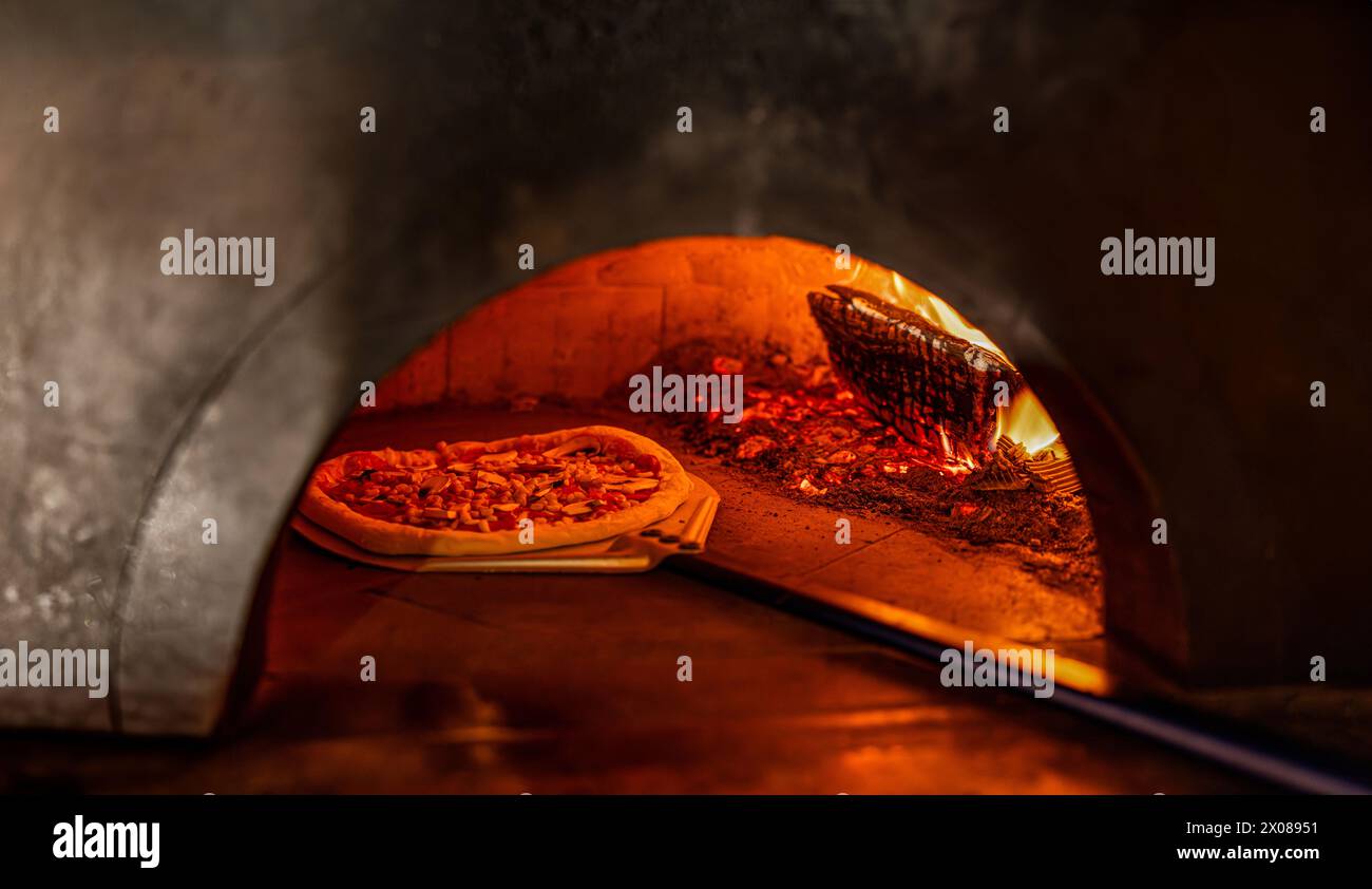 Pizza concept. Preparing traditional italian pizza. Shovel for pizza ...