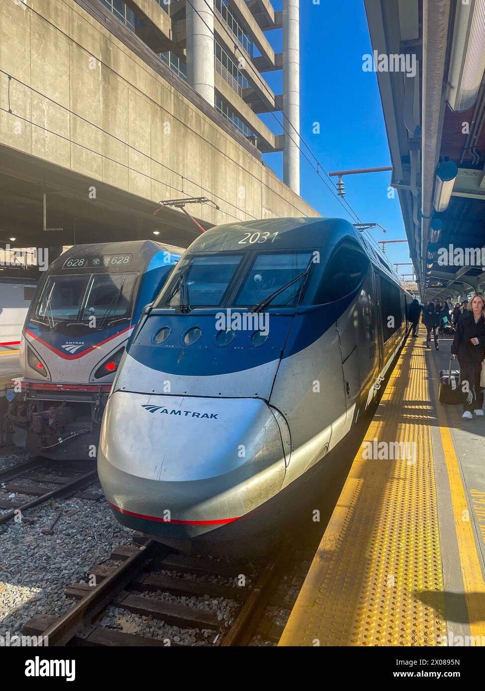 Washington DC - US - Mar 22, 2024 Vertical of Amtrak’s Acela Express unloading passengers at ...