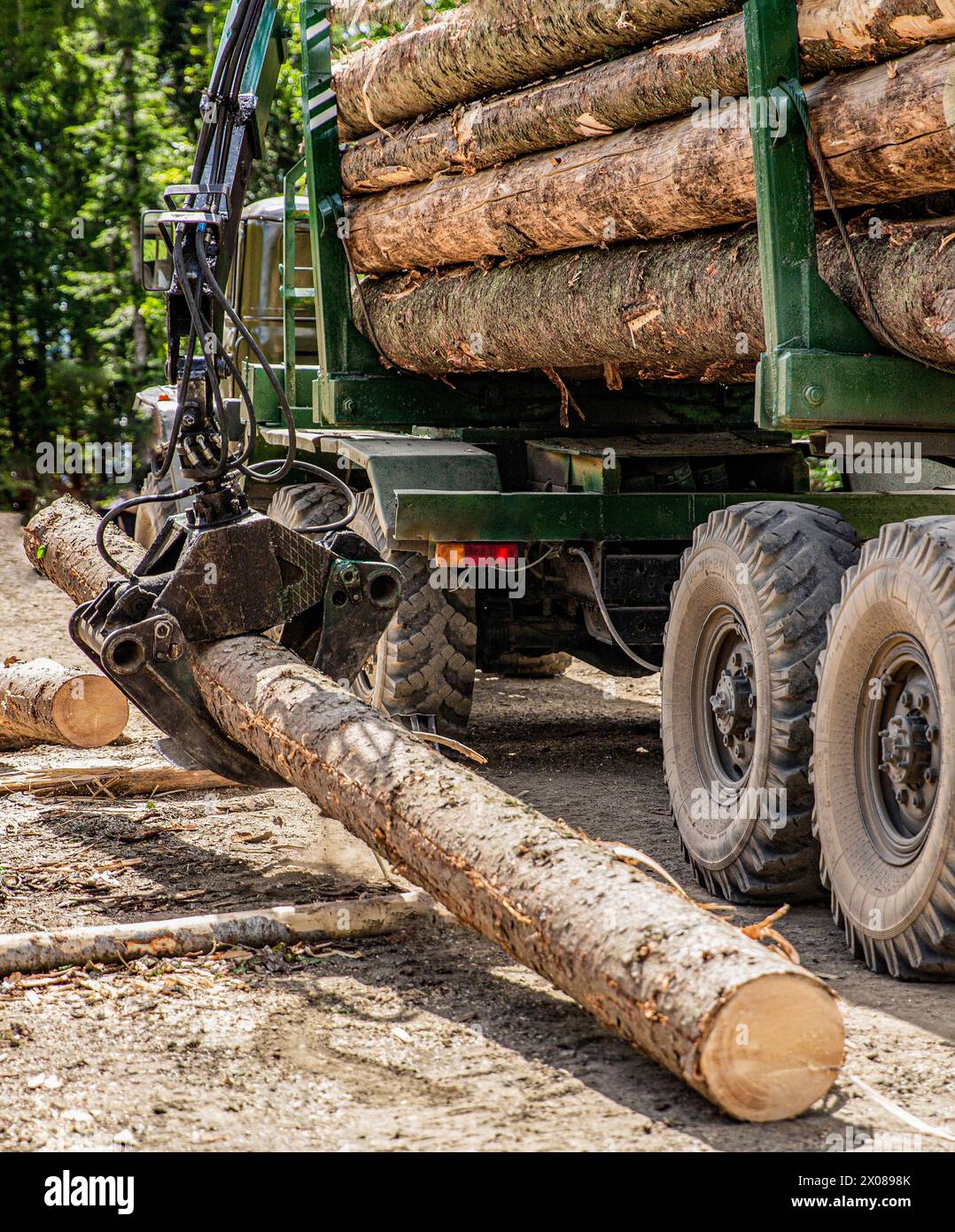 Portable crane on a logging truck. Forestry tractors, trucks and ...
