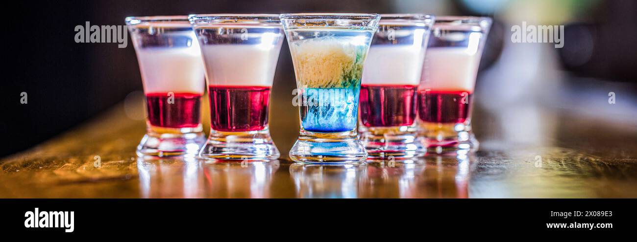 Collection of colorful shots on bar, set of alcohol mini cocktail ...