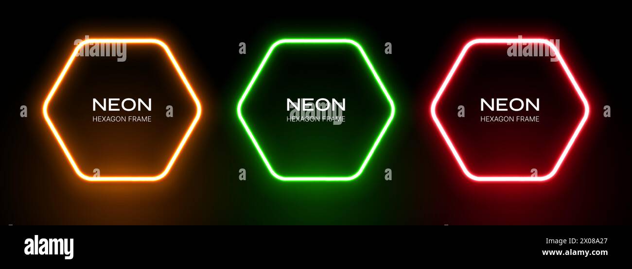 Hexagon neon light. Frame with glow effect on a black background. Red, orange and green laser ...