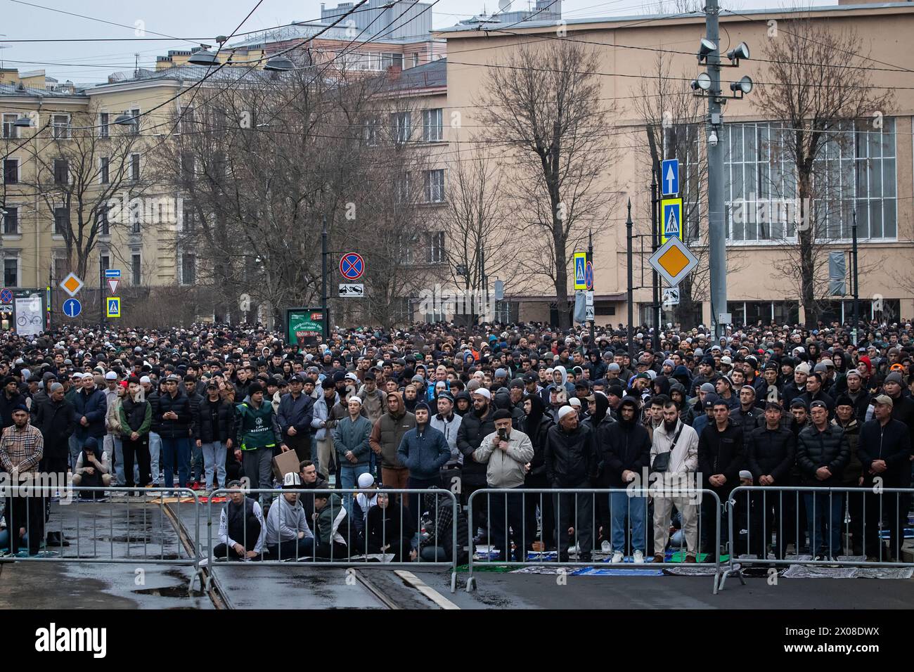 St. Petersburg, Russia. 10th Apr, 2024. Muslims offer prayers near the ...
