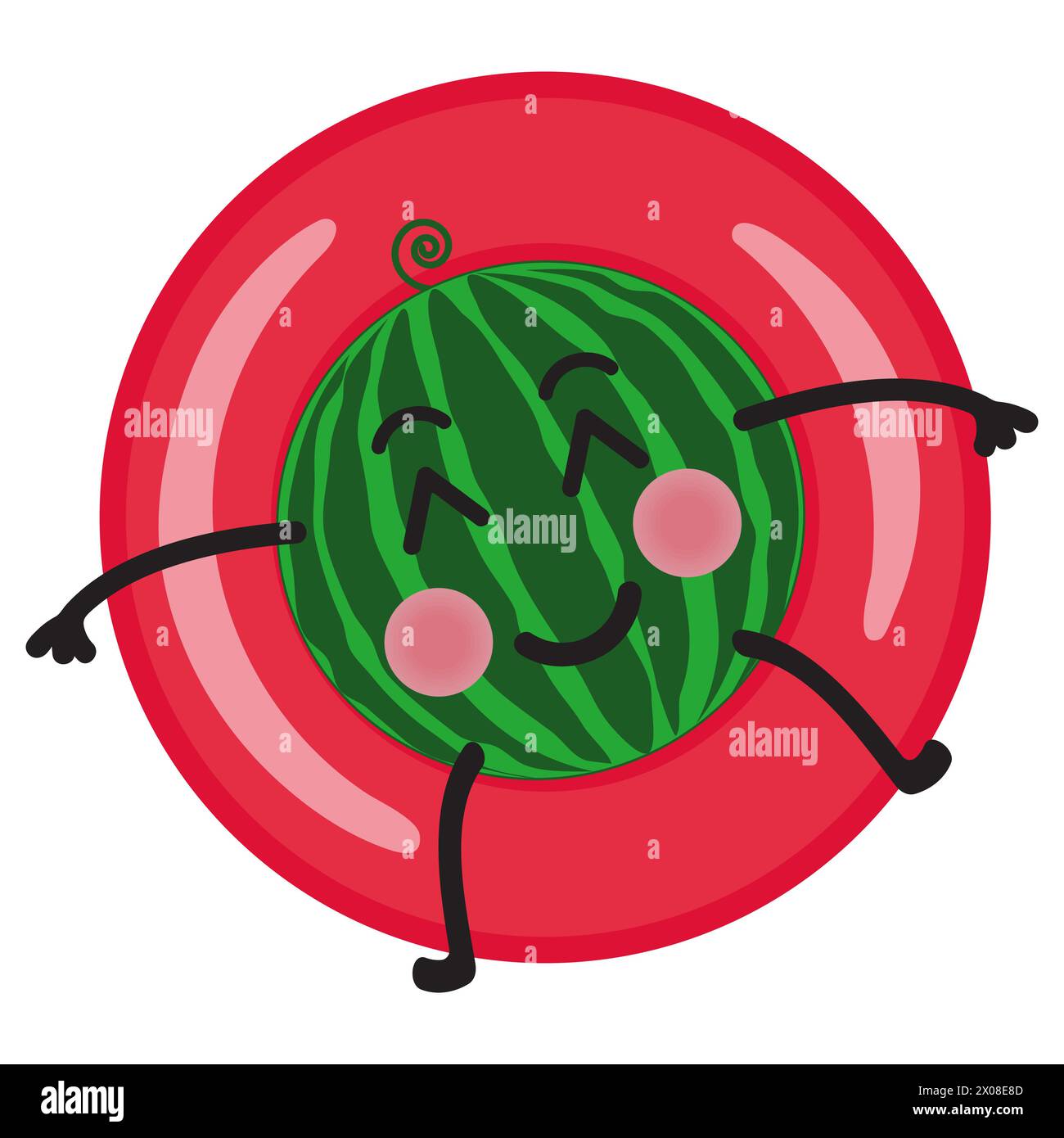 Cute cartoon watermelon swimming with rubber ring, flat vector ...